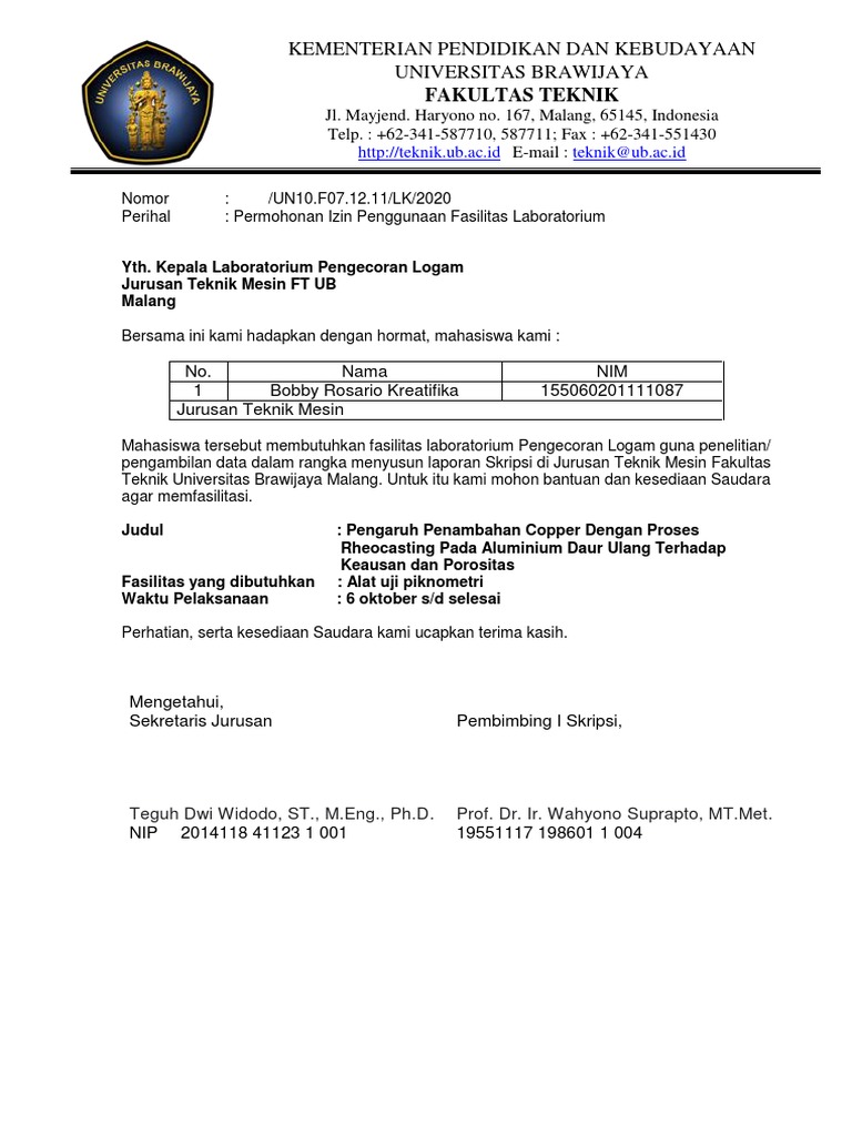 Teknik Mesin UB Minta Izin Laboratorium Pengecoran | PDF