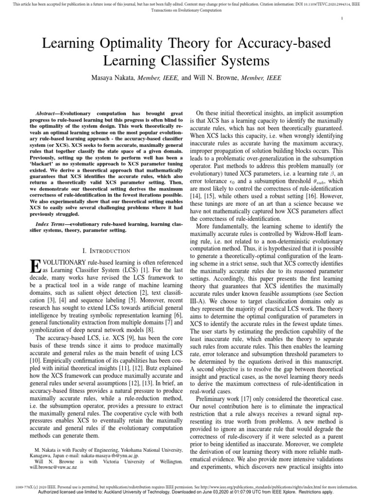 Learning Optimality Theory For Accuracy-Based Learning Classifier Systems | Download Free PDF ...