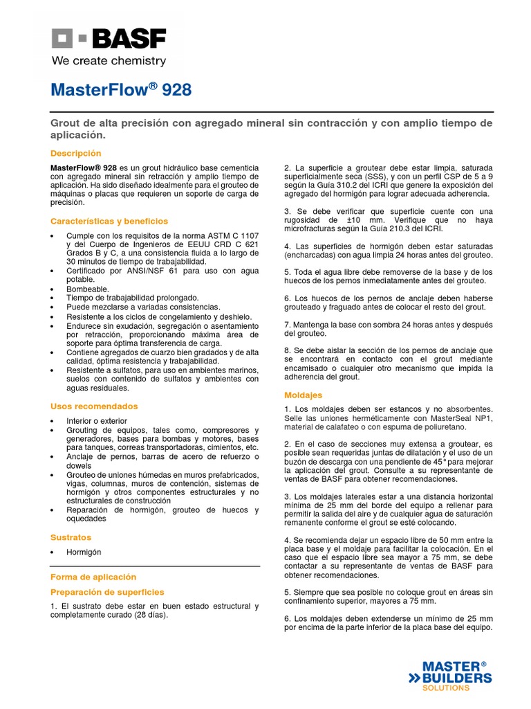 Basf Masterflow 928 Tds | PDF | Hormigón | Ingeniería estructural