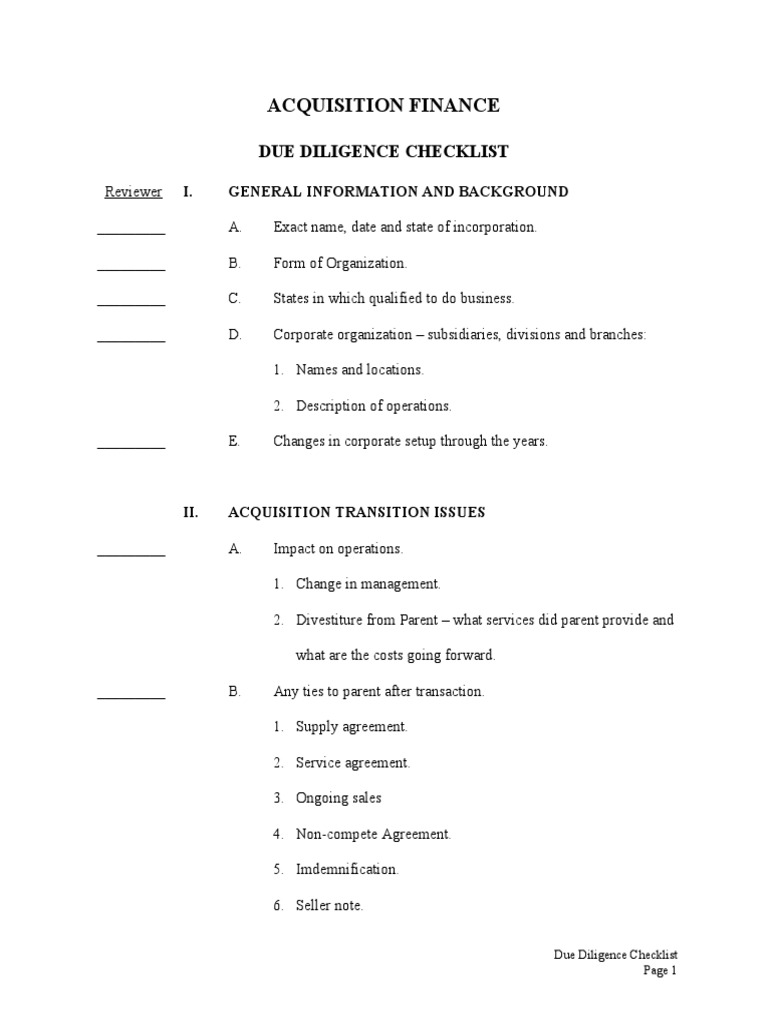 Acquisition Finance: Due Diligence Checklist | PDF | Business ...