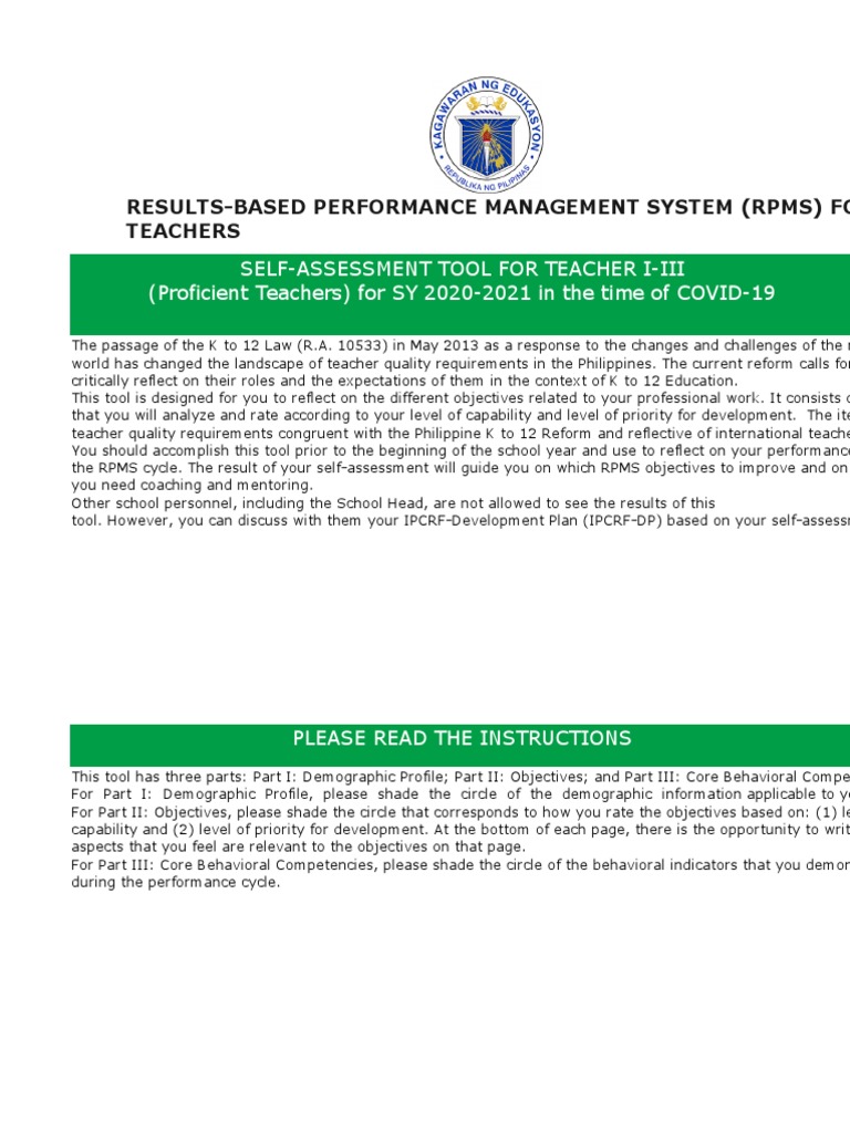 (Appendix 5) SAT-RPMS For T I-III SY 2020-2021 in The Time of COVID-19 ...