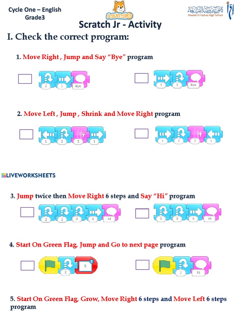 Scratch JR - Activity: I. Check The Correct Program | PDF