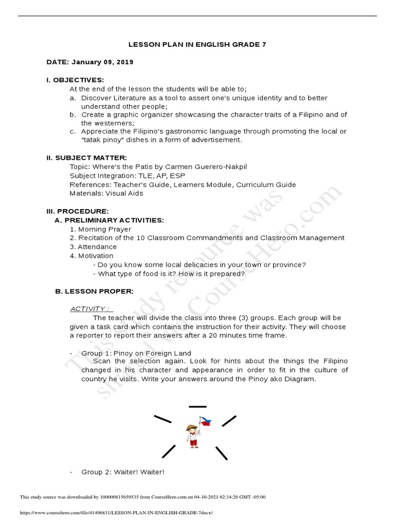 This Study Resource Was: Lesson Plan in English Grade 7 DATE: January ...