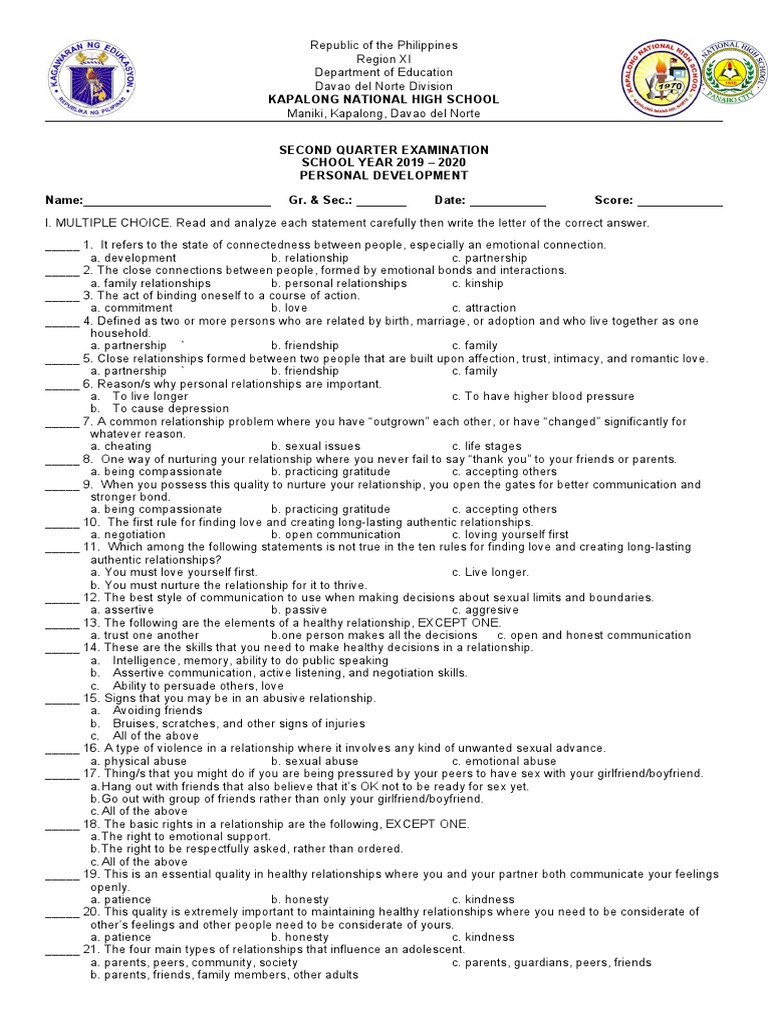 Kapalong National High School Second Quarter Examination in Personal ...
