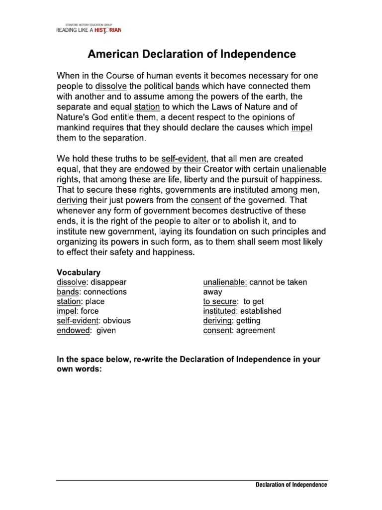 Declaration of Independence Own Words | PDF