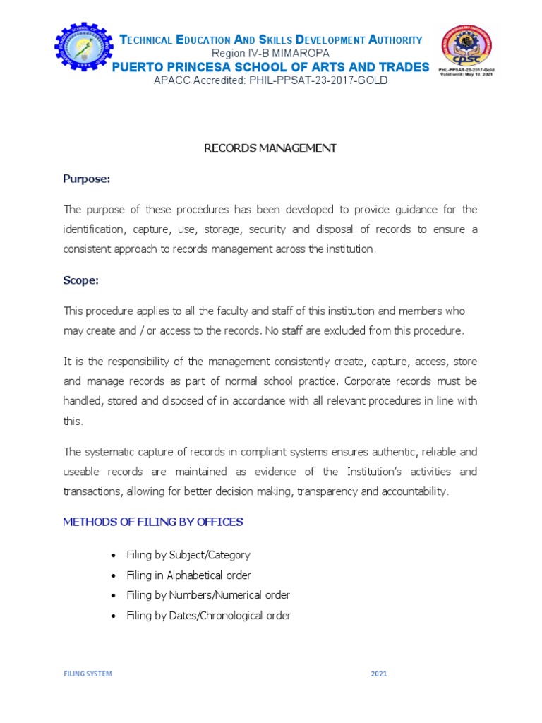 Records Management Filing Procedures | PDF | Records Management ...