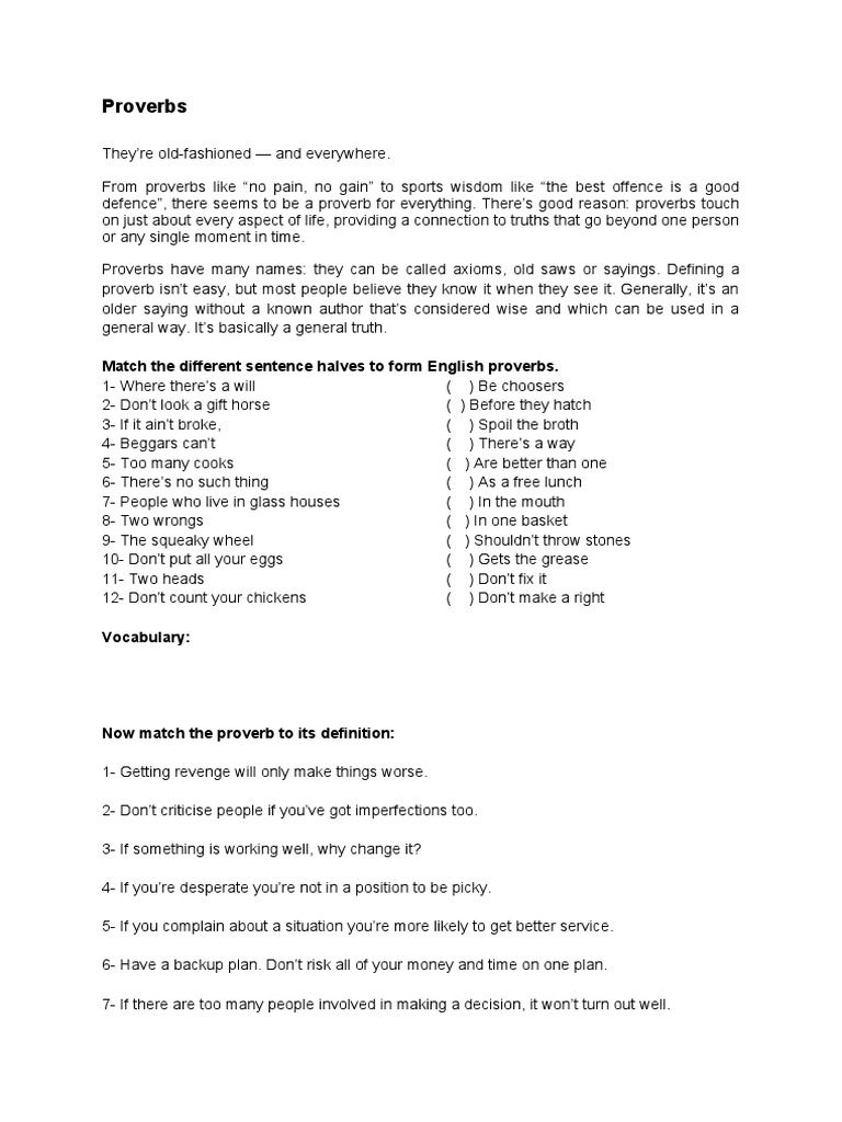 Proverbs: Match The Different Sentence Halves To Form English Proverbs ...