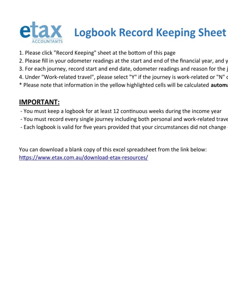 Logbook Record Keeping Sheet Instructions: Important | PDF