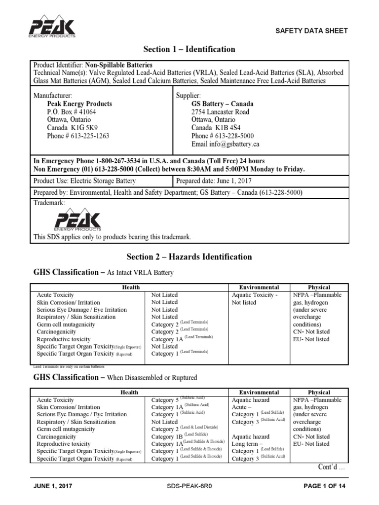 Sds Peak 6r0 | PDF | Hazardous Waste | Lead