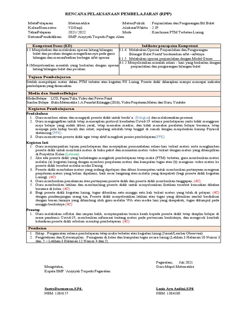 RPP 2 Bilangan Bulat PTM | PDF