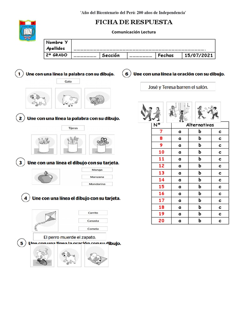 Ficha de Respuesta 2º Grado Comunicacion - Lectura | PDF