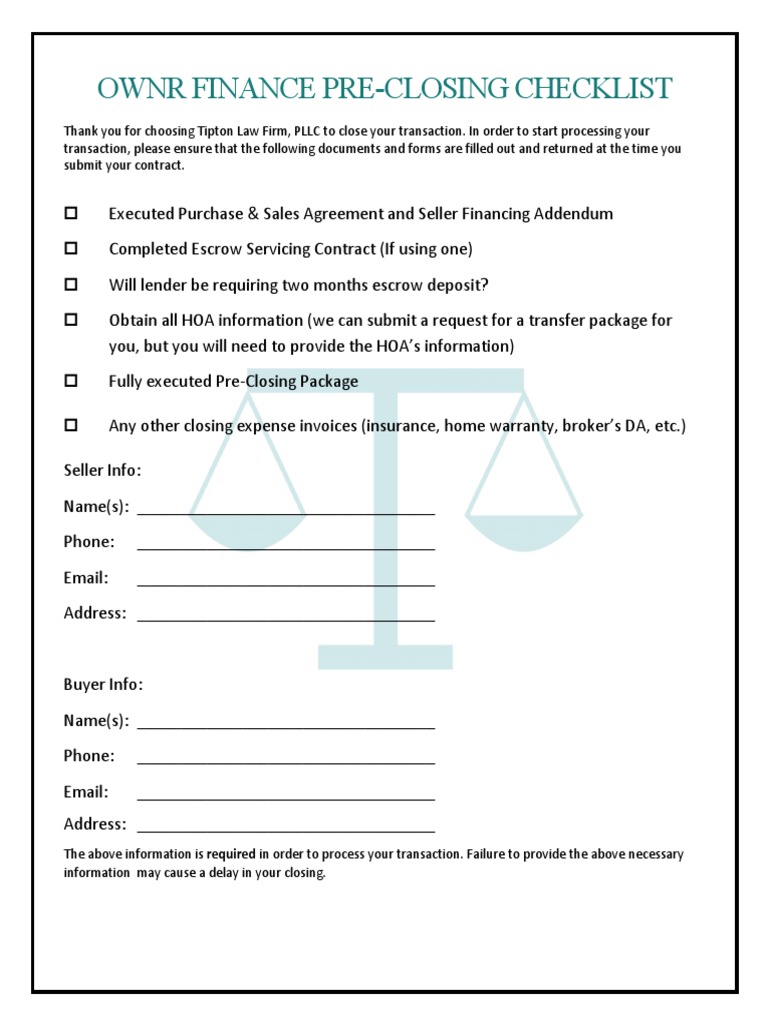 Texas Owner Finance Closing Checklist | PDF | Financial Transaction ...