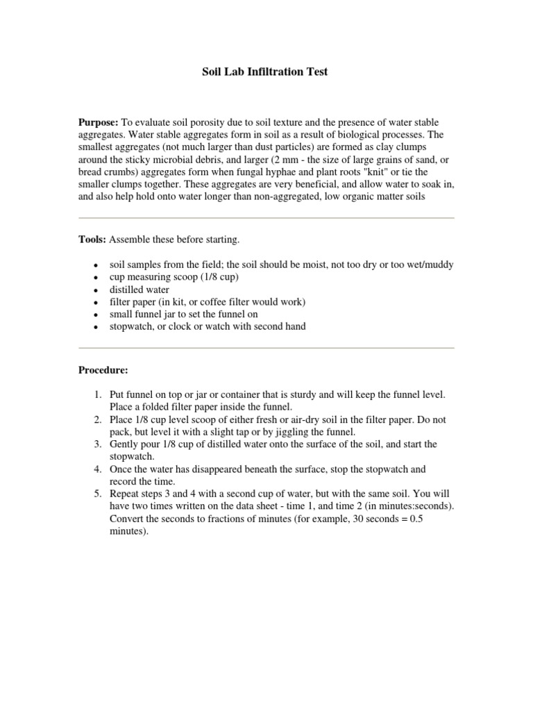Soil Lab Infiltration Test: Purpose: To Evaluate Soil Porosity Due To ...