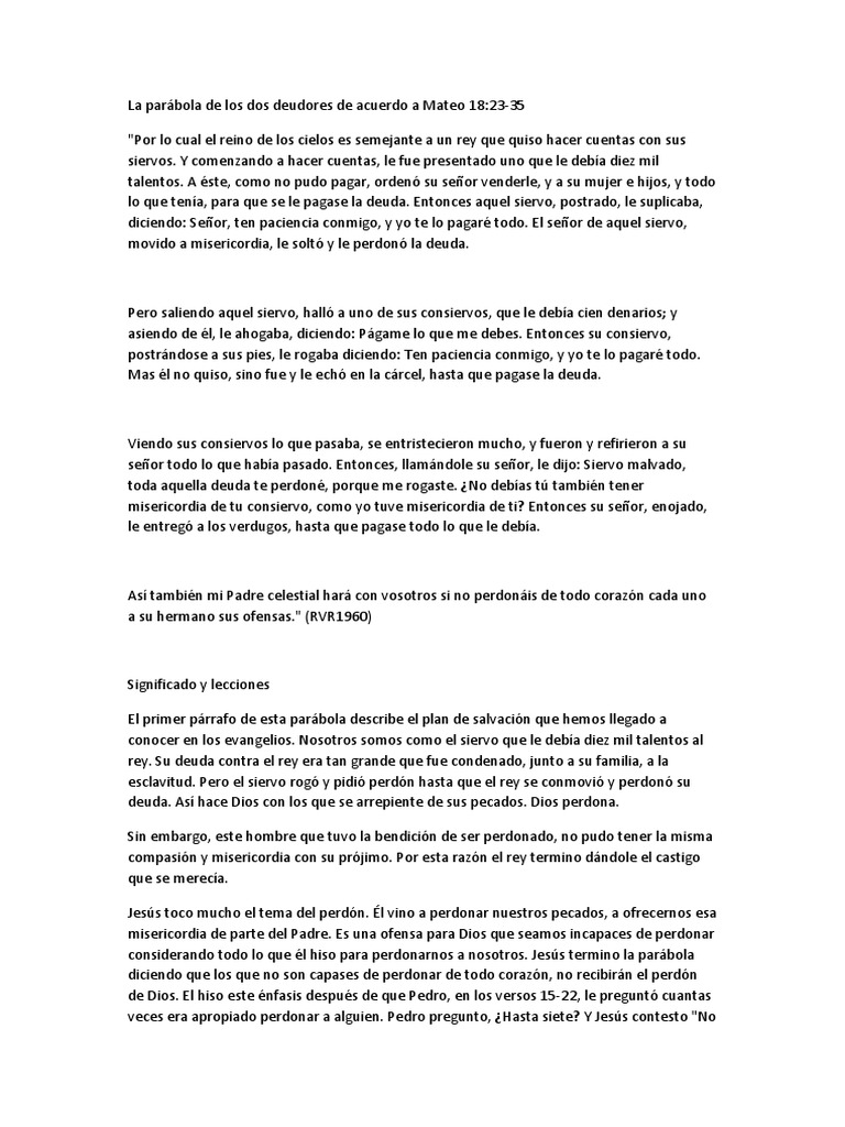 Estudio Bíblico Parábola de Los Dos Deudores Mateo 18 - 23.35 | PDF ...