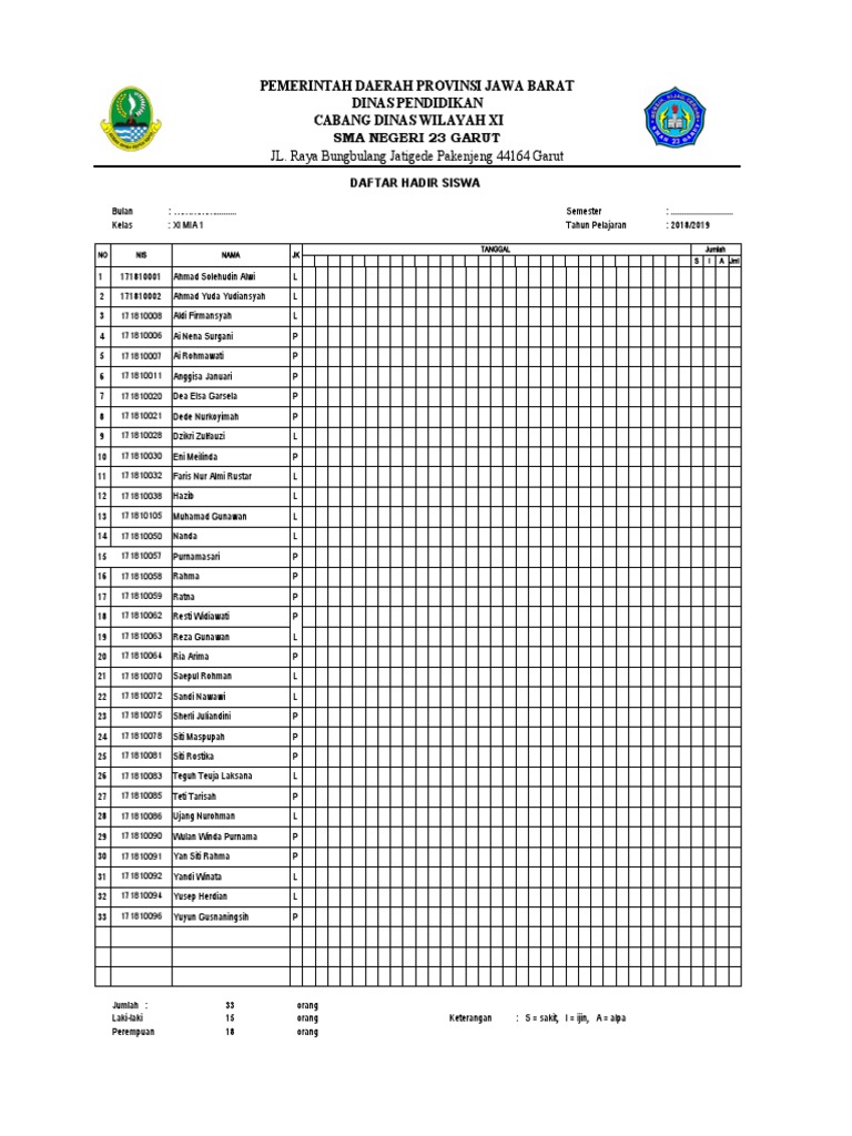 Absensi Siswa Semester 1 | PDF