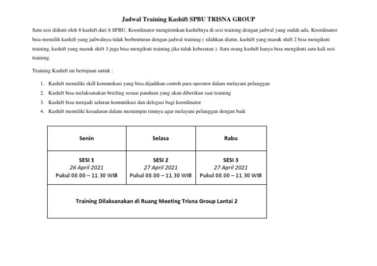Jadwal Training Kashift SPBU Trisna Group | PDF