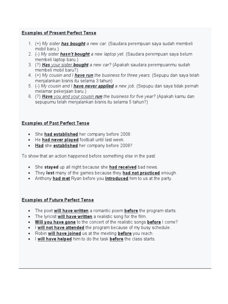 Perfect Tense Examples and Exercises | PDF | Grammatical Tense ...