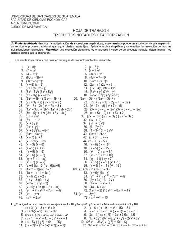Productos Notables Y Factorización Pdf Notación Matemática álgebra