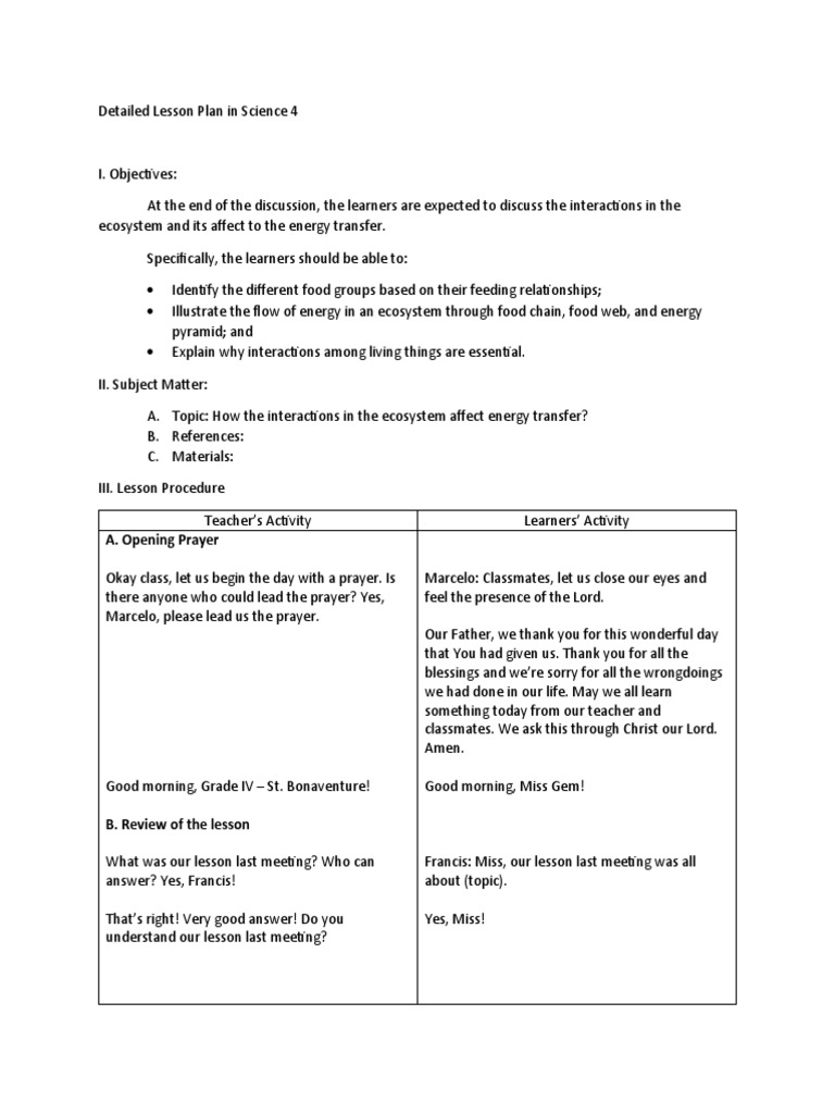 Detailed Lesson Plan in Science 4 | PDF | Lesson Plan | Prayer