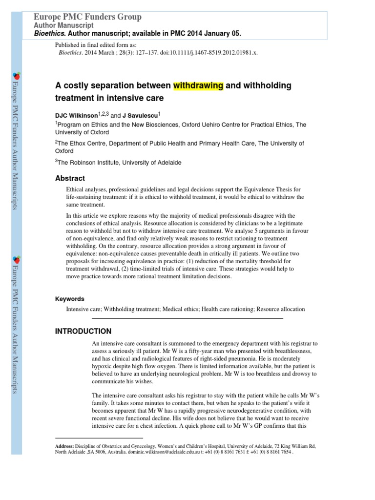 Withdrawing vs. Withholding ICU Treatment | PDF | Intensive Care ...
