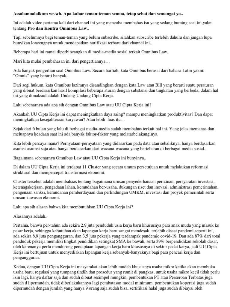 Pro Kontra Omnibus Law Cipta Kerja | PDF