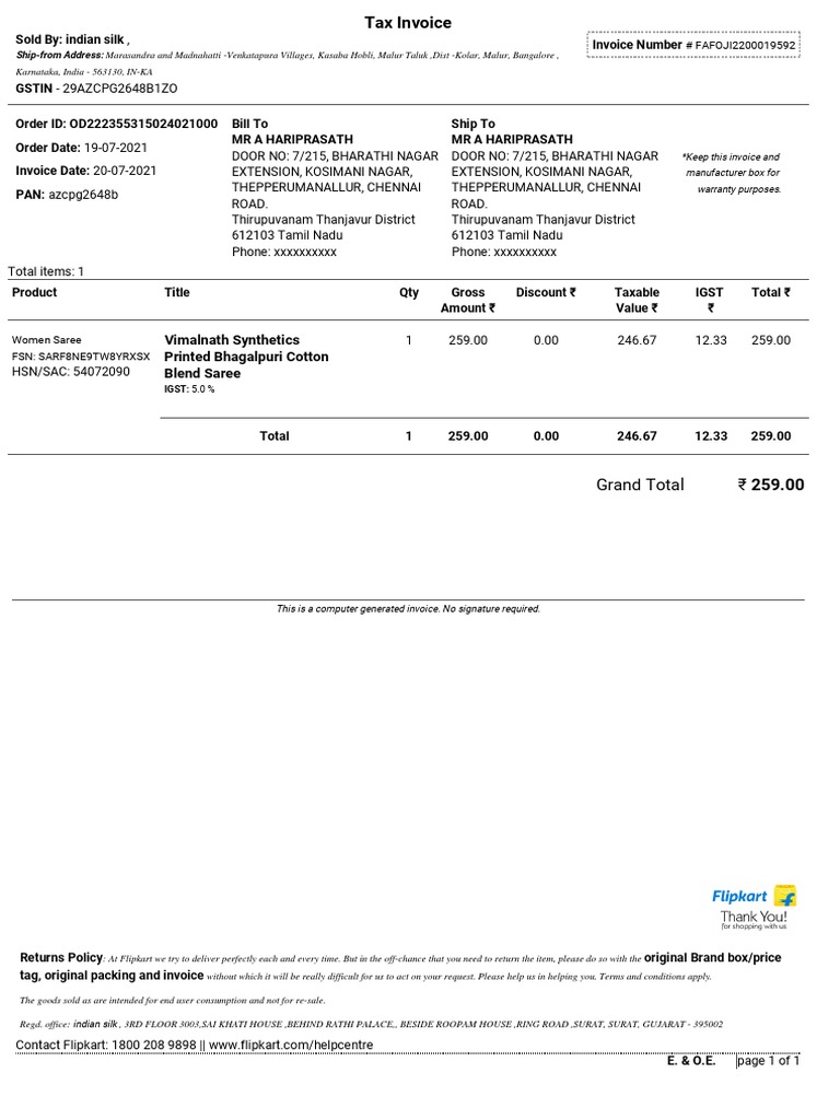 Invoice for the Sale of a Printed Bhagalpuri Cotton Blend Saree from ...