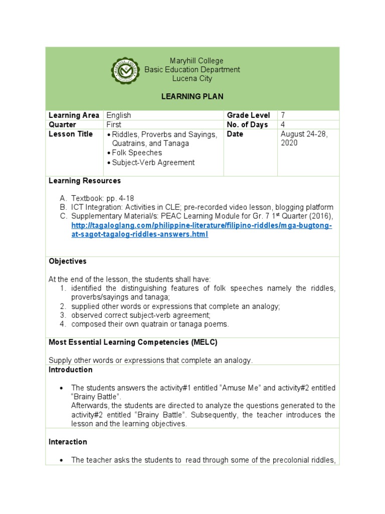 Learning Plan Learning Area English Grade Level Quarter No. of Days ...