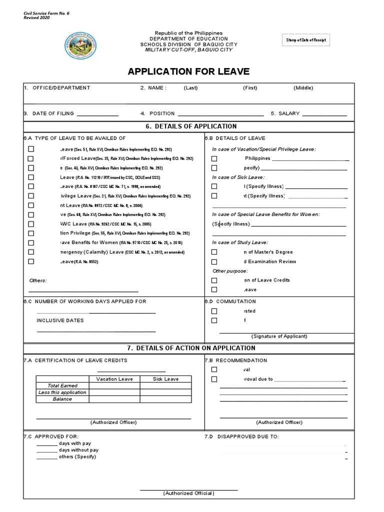 CS Form No. 6 Revised 2020 Application For Leave Fillable 1 | PDF ...