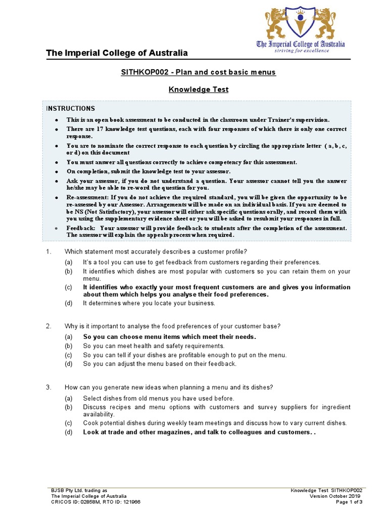 A3 Knowledge Test Ver October 2019 | PDF | Menu | Restaurants