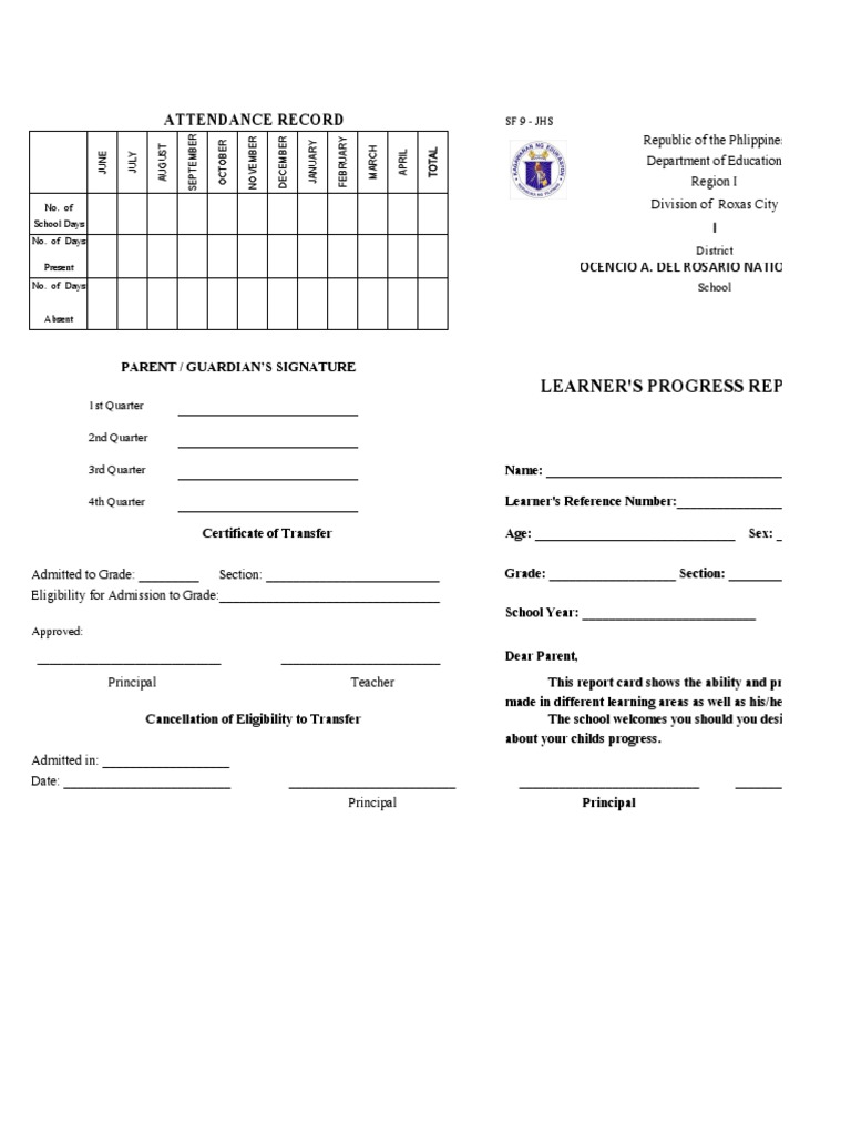 SF 9 - JHS (Learner's Progress Report Card B) | PDF | Learning | Human ...