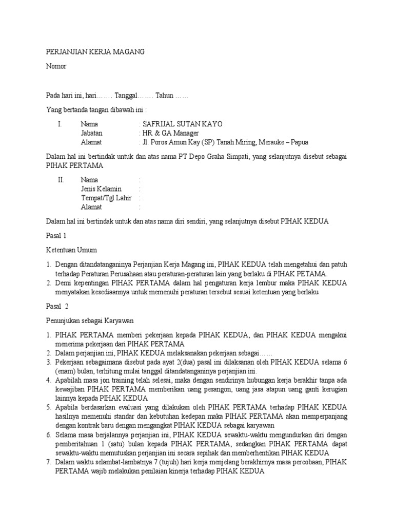 Perjanjian Kerja Magang | PDF