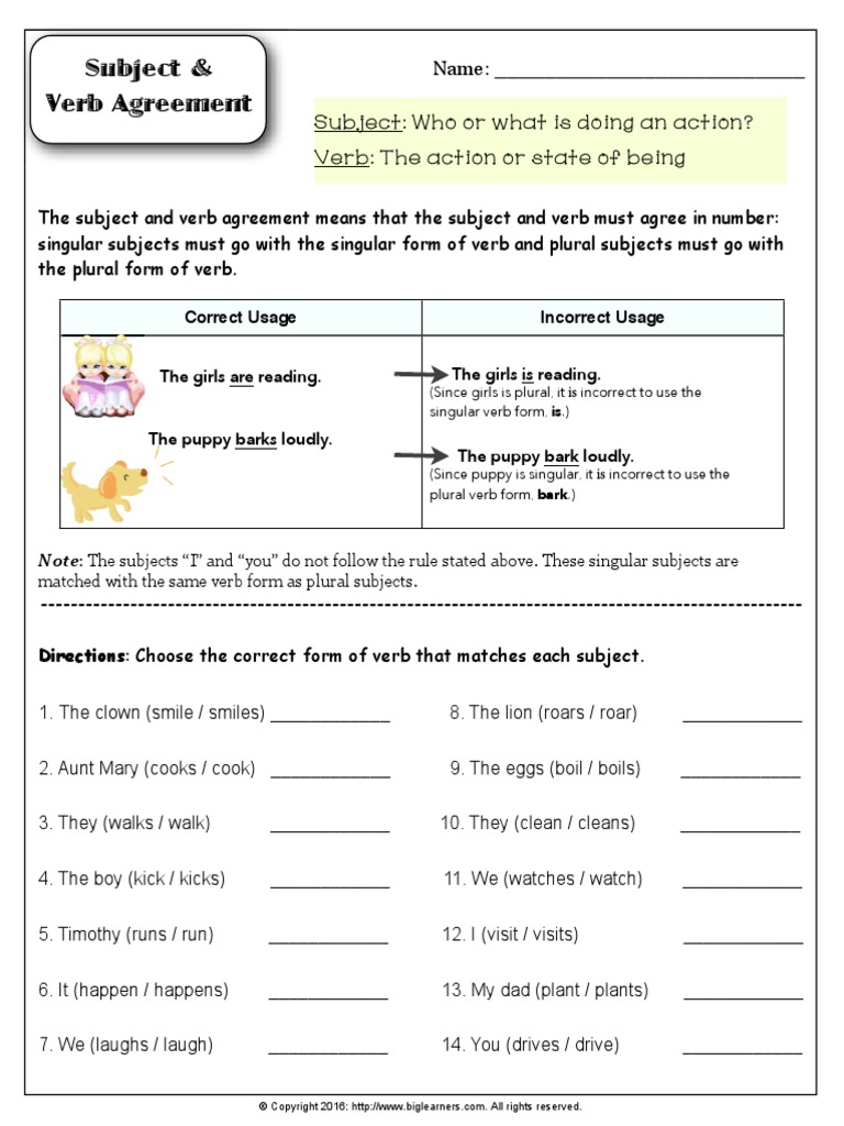 Subject & Verb Agreement: Name | PDF | Syntax | Syntactic Relationships