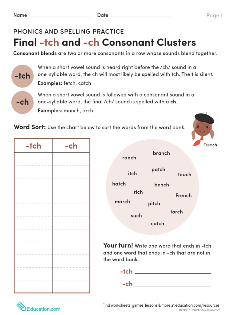 Phonics and Spelling Practice Final CH and TCH Consonant Clusters | PDF ...