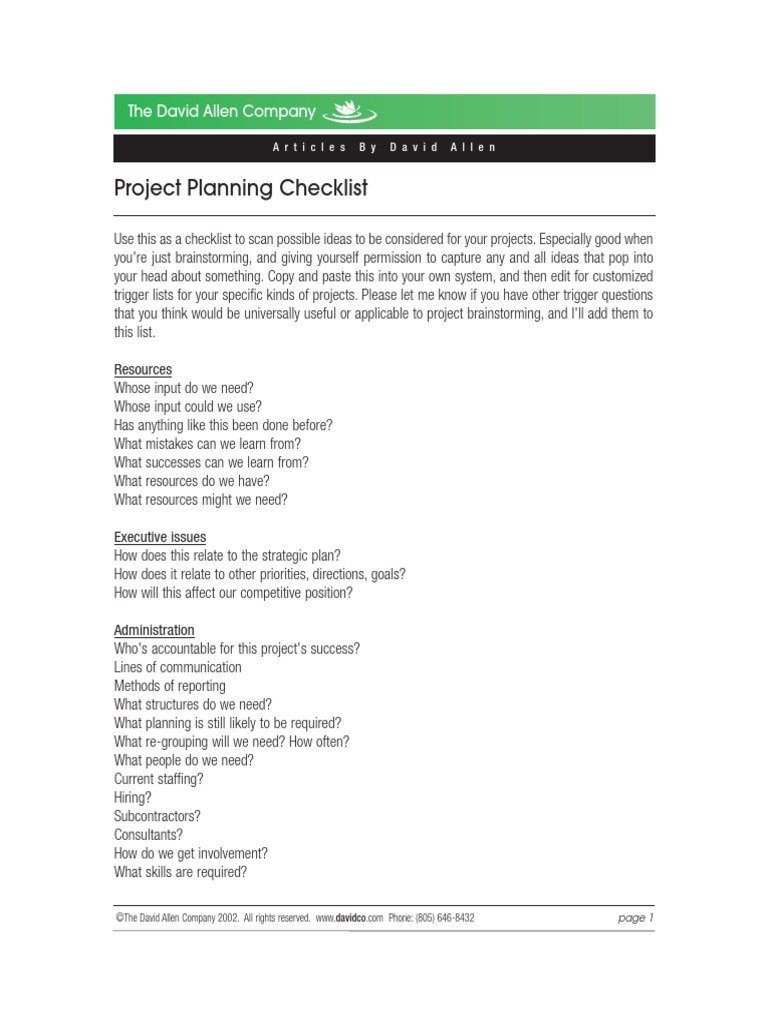 Project Planning Checklist: The David Allen Company | PDF | Economies ...