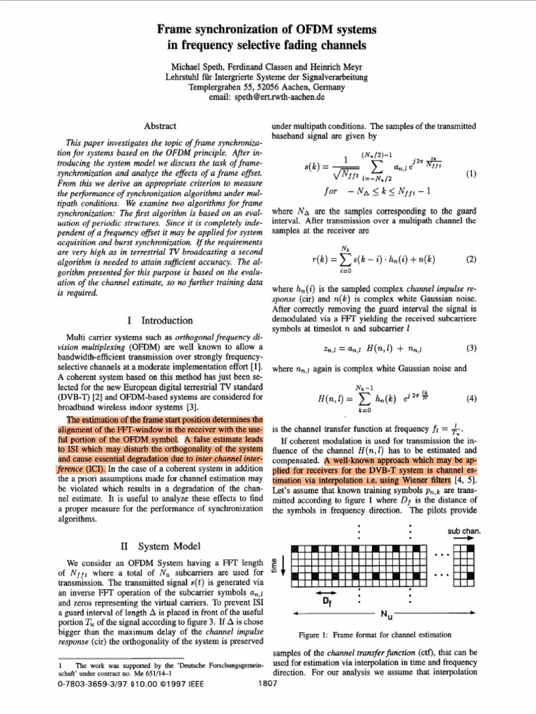 Frame Synchronization of Ofdm Systems in Frequency Selective Fad | PDF ...