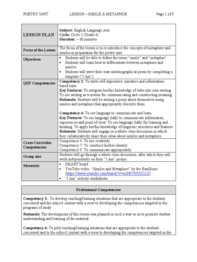 Ela Metaphor Simile Lesson Plan PDF | PDF | Metaphor | Lesson