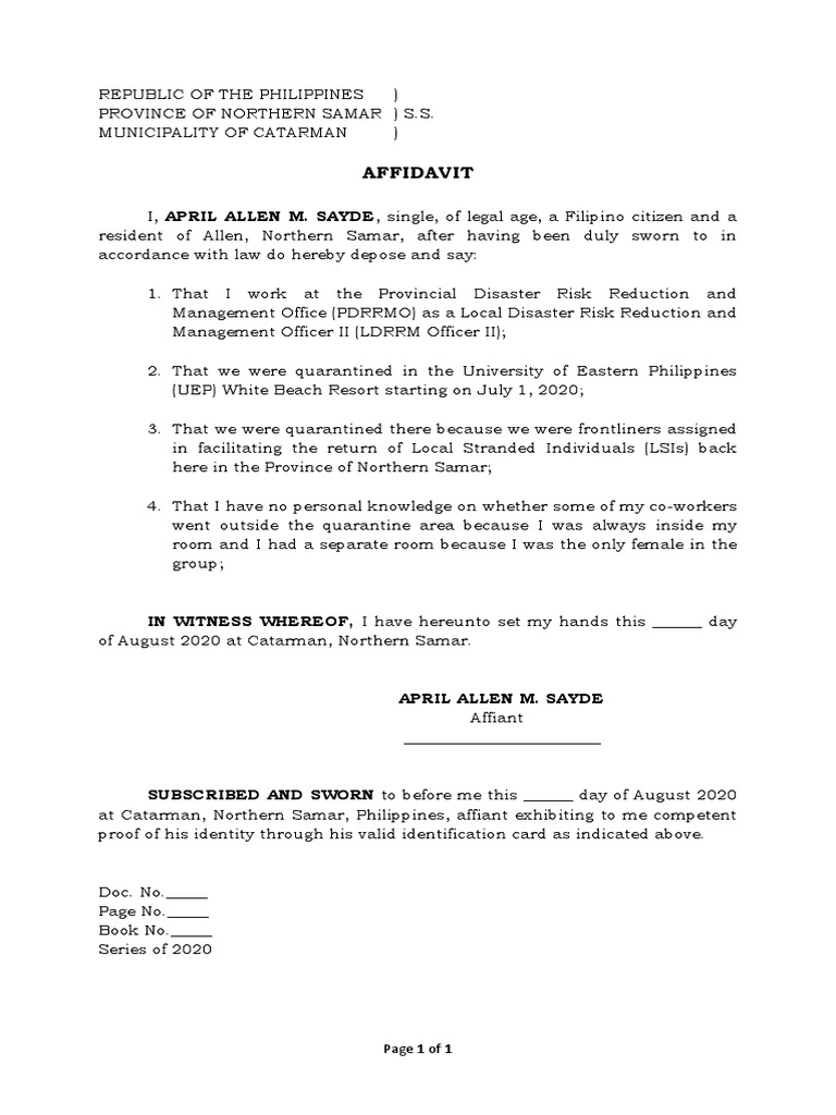 Affidavit: IN WITNESS WHEREOF, I Have Hereunto Set My Hands This - Day ...
