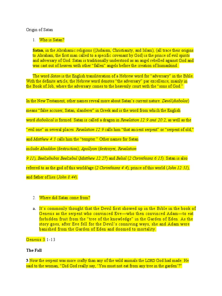 Origin of Satan | PDF | Satan | Adam And Eve