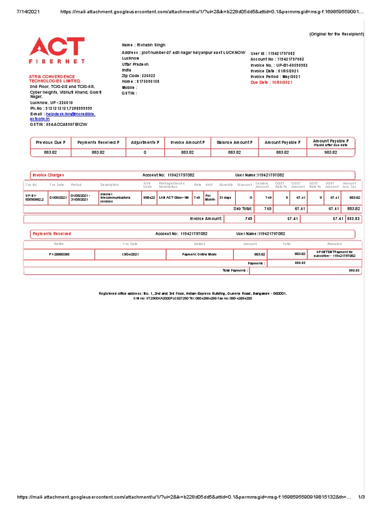 ACT Fibernet invoice for Rishabh Singh | PDF | Cheque | Invoice