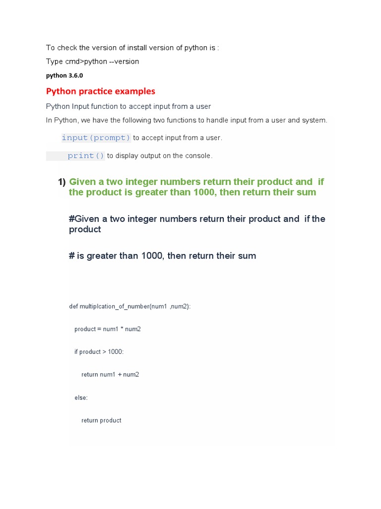 Python Practice Examples: Input (Prompt) Print | Download Free PDF ...