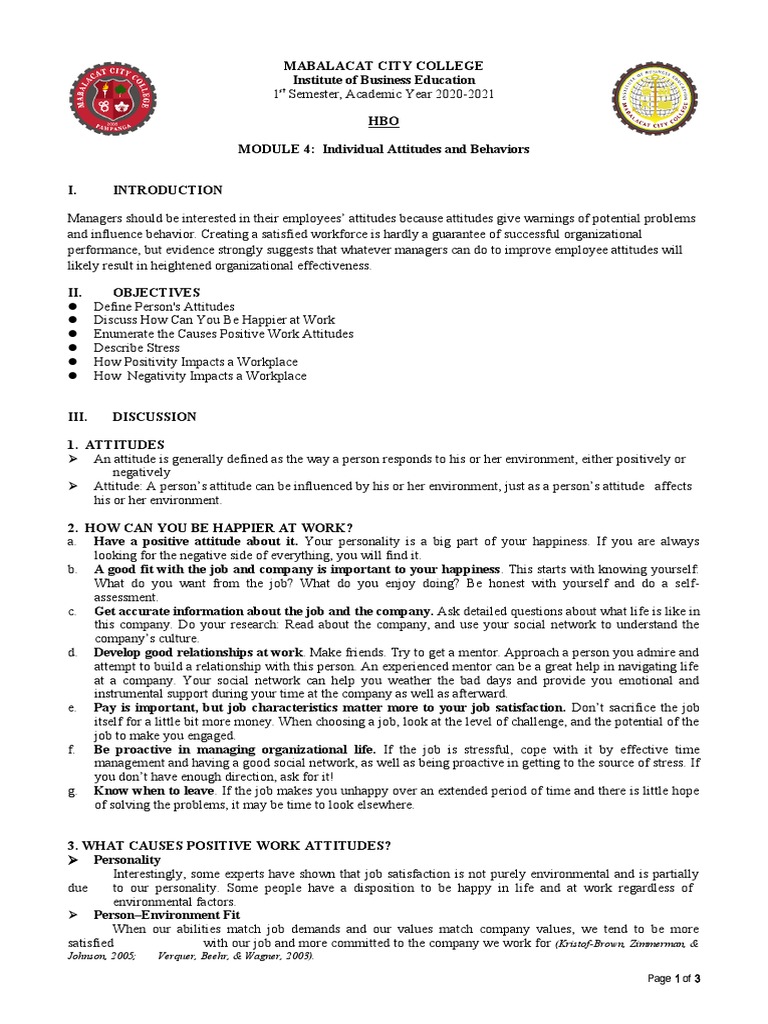 HBO - Module 4 | PDF | Attitude (Psychology) | Job Satisfaction