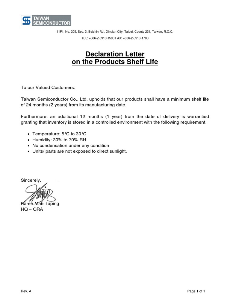 Declaration Letter Product Shelf Life Pdf