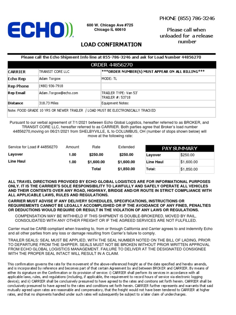 Load Confirmation: ORDER 44856270 | PDF | Cargo | Common Carrier