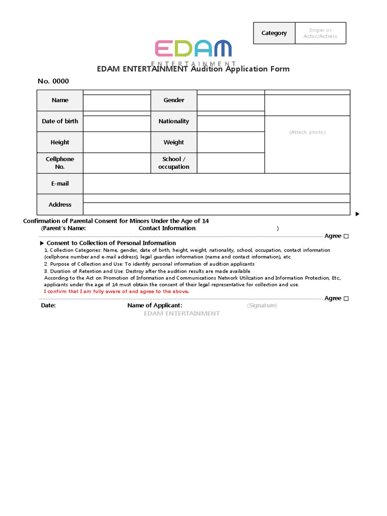 EDAM ENTERTAINMENT Audition Application Form | PDF | Business ...