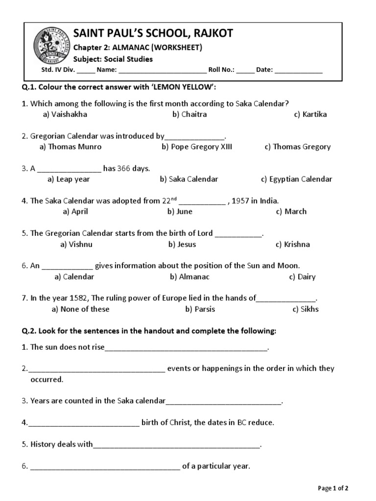 Saint Paul'S School, Rajkot: Chapter 2: ALMANAC (WORKSHEET) Subject ...