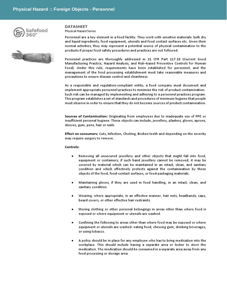 Foreign Objects Personnel Datasheet | PDF | Hygiene | Foods