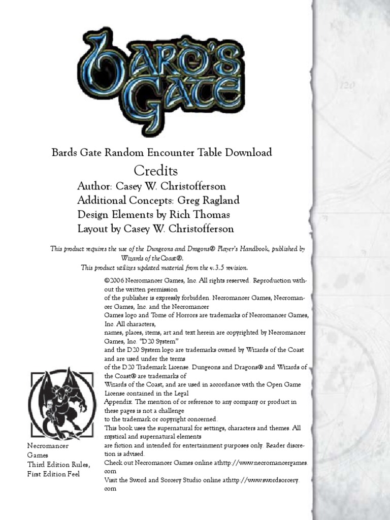 d20 - FGG - Bard's Gate - Random Encounter Tables (Cut From Final ...