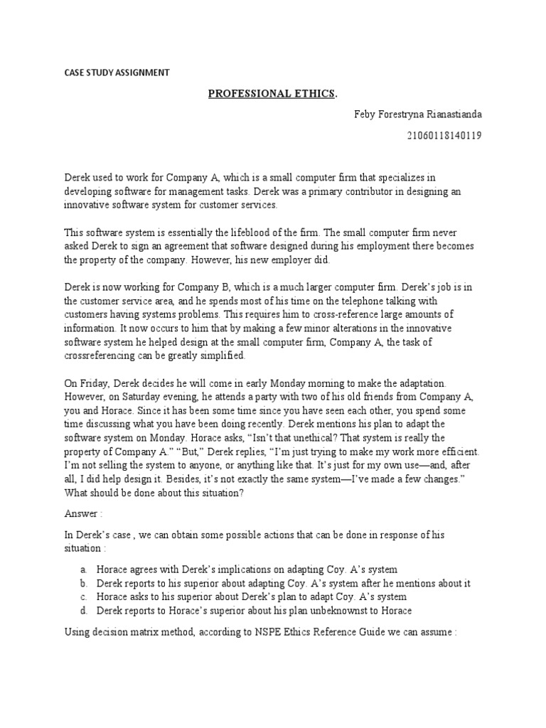 Professional Ethics.: Case Study Assignment | PDF | Computing | Science