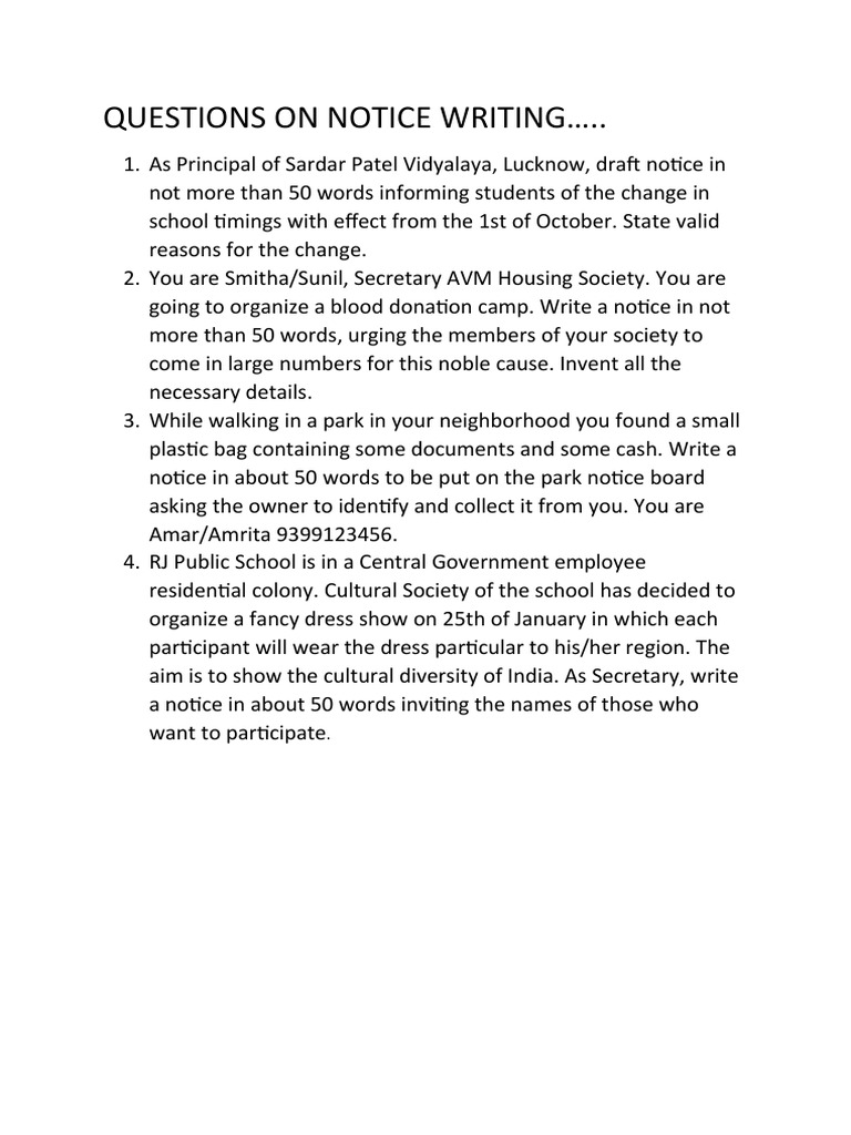Questions On Notice Writing Class Xi & Xii | PDF | Travel