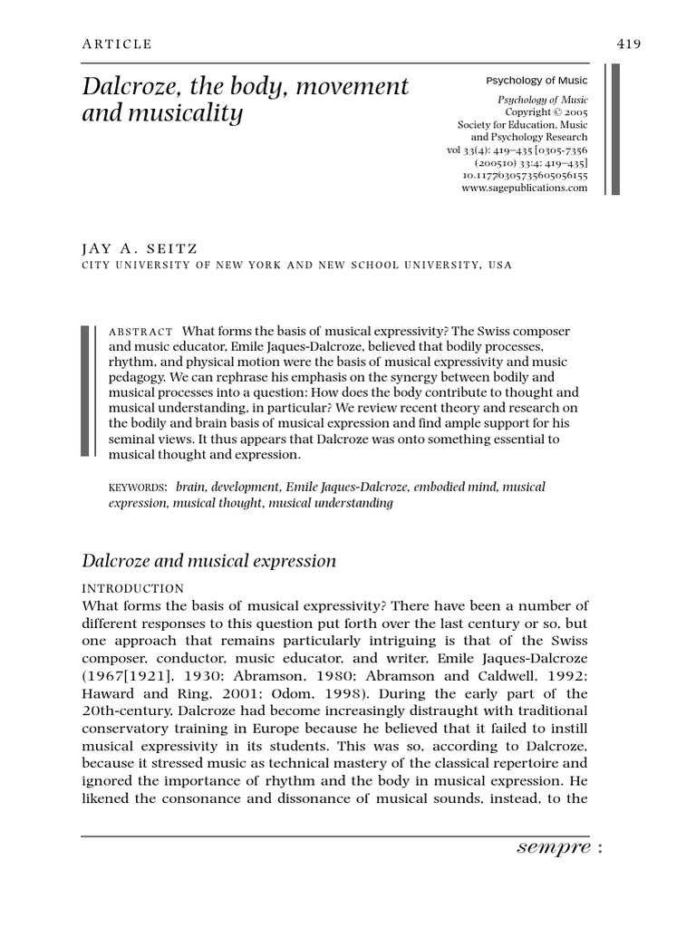 Dalcroze, The Body, Movement and Musicality | PDF | Rhythm | Cerebral ...